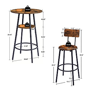 Tiokop Bistro Set of 2, Pub High Top Round Table and Chairs Upholstered Cushion, Storage Shelf and Backrest, 3-Piece Bar Stool Set for Breakfast Nook, Rustic Brown