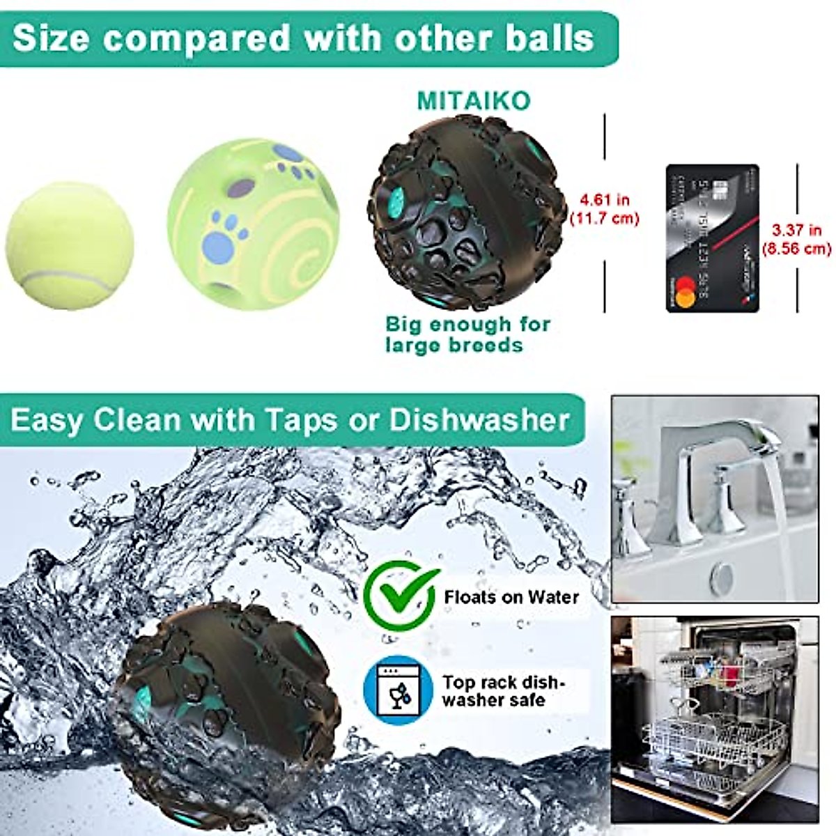 MITAIKO Dog Toy Ball for Aggressive Chewers, Interactive Fetch Dog Ball with Fun Squeaky Giggle Sound, Durable for Small Medium Large Dogs, Non-Toxic Elastic Rubber Pet Chew Toys, Black & Lake Blue