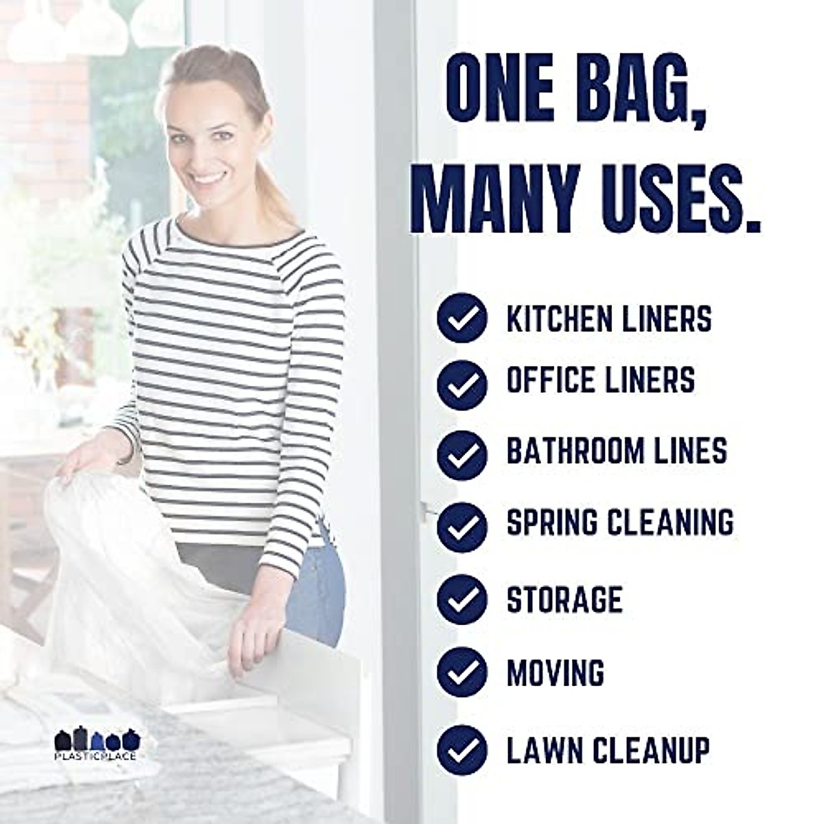 Plasticplace 8 Gallon Trash Bags │ 0.7 Mil │ White Drawstring Garbage Can Liners │ 22" x 22" (100 Count)