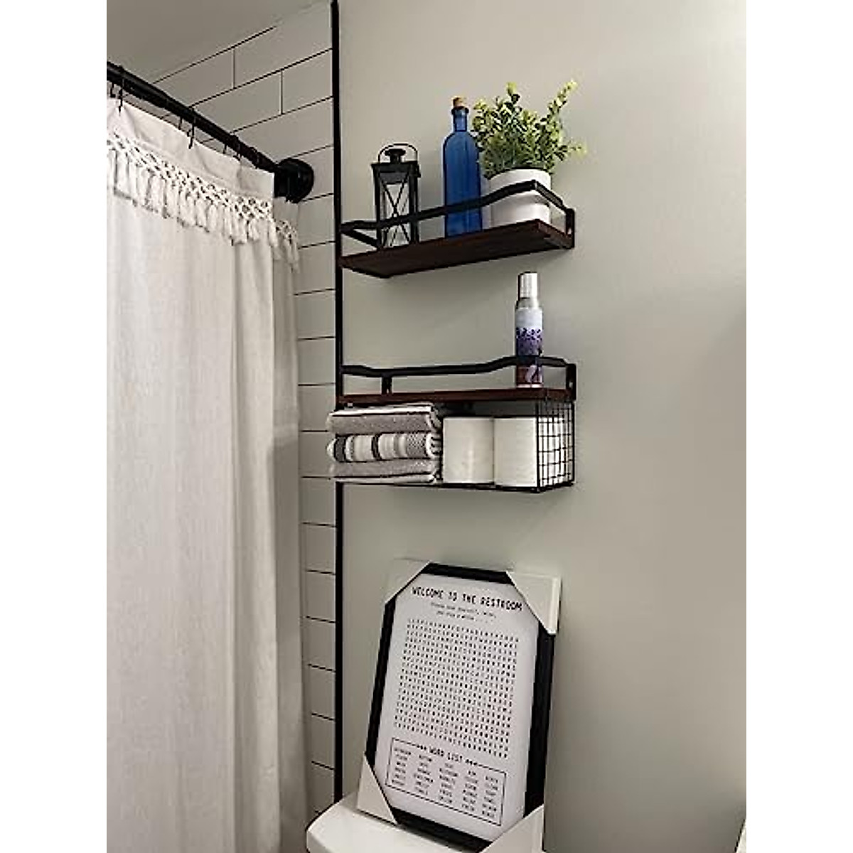 Floating Shelves for Wall Mounted, Wood Bathroom Shelves Over Toilet with Basket Set of 2, Bathroom Wall Décor Shelves, Decorative Storage Shelves for Bedroom, Living Room, Kitchen, Plants –Dark Brown