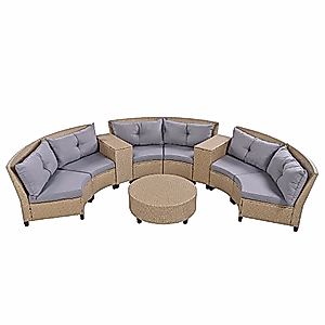 XD Designs 6-Persons Outdoor Half Round Patio Rattan Sectional Sofa Set, All Weather PE Wicker Free Combination Conversation Sofa Set with Thick Cushions and Coffee Table for Garden Yard (Brown+Gray)