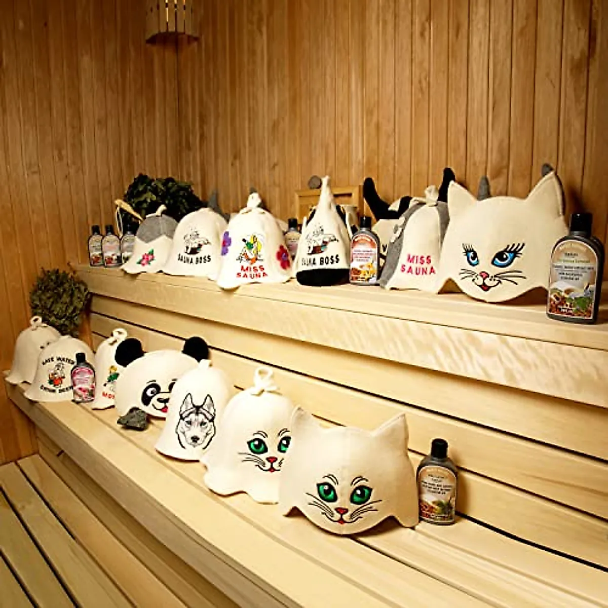 Natural Textile Sauna Hat 'Miss Sauna Flower' White - 100% Organic Wool Felt Hats for Russian Banya - Protect Your Head from Heat - Sauna eBook Guide Included - with Embroidery