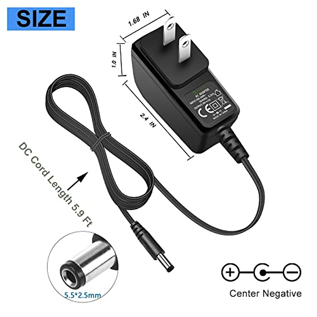 Gonine DC 9V Charger Replacement for Guitar Pedals Power Supply, 9Vdc Power Adapter Center Negative 9 Volt Power Cord for BOSS PSA Effects Pedal, Distortion, Casio Keyboard, PSA -120S and More.