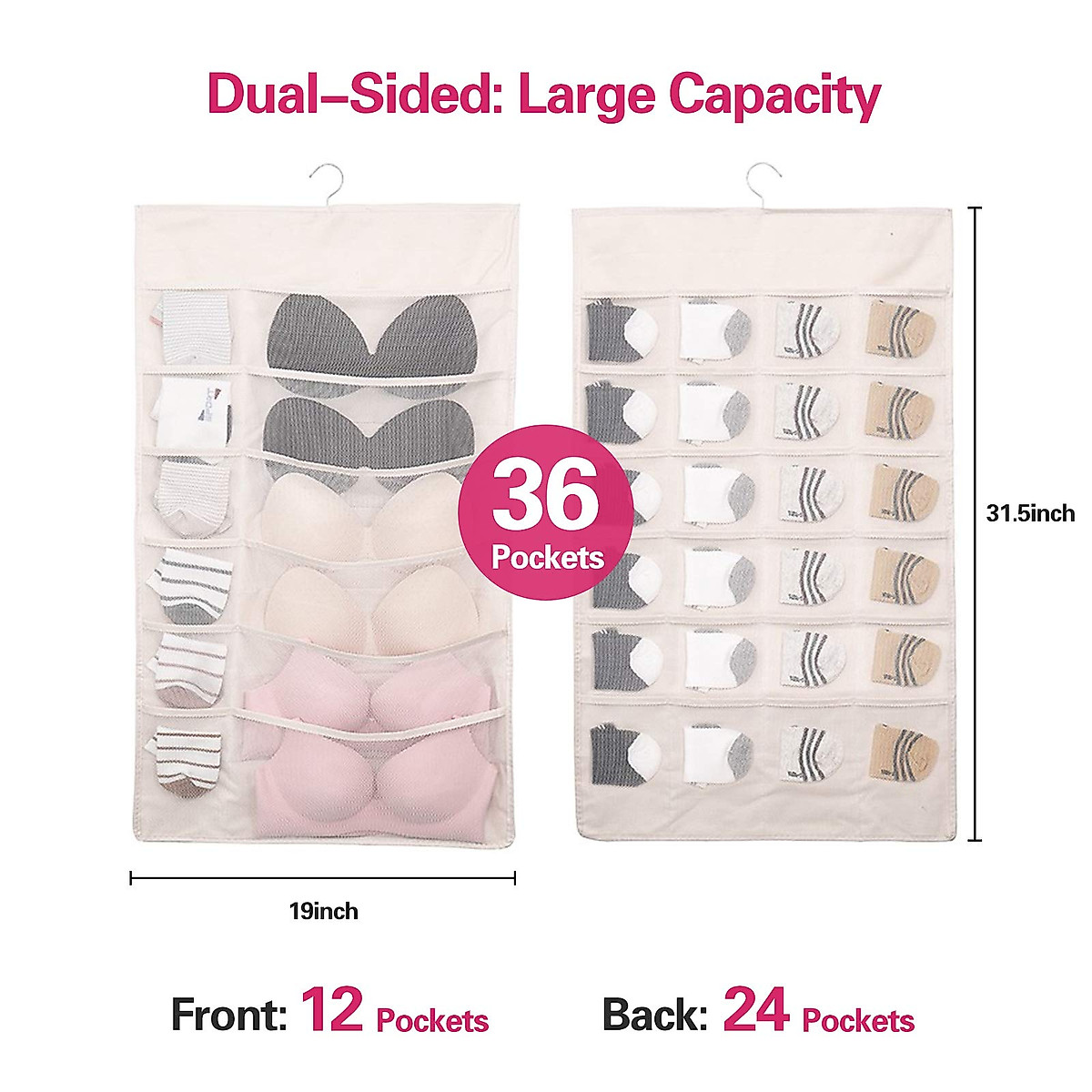 Hanging Mess Pockets Dual Sided Wall Shelf Wardrobe Organizers Storage Bags,Closet Hanging Organizer with 36 Mesh Pockets & Rotating Metal Hanger,for Bra Underwear Underpants Shoes Sock (Beige)
