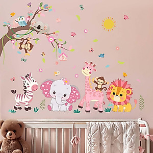 Amimagen Pink Forest Baby Animals Wall Decals - Elephant Lion Giraffe Monkey Zebra Wall Stickers - Nursery Kids Girls Boys Room Daycare Playroom Classroom Wall Decor