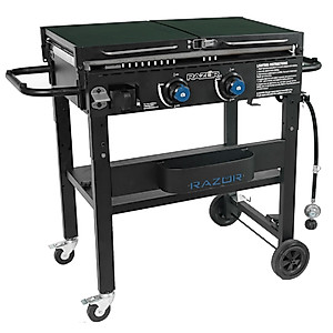 Razor Griddle Portable 2-Burner 30,000 BTU Gas Flattop Grill & Griddle Combo Cart with Foldable Side Shelves, Paper Towel and Condiment Holder, Black