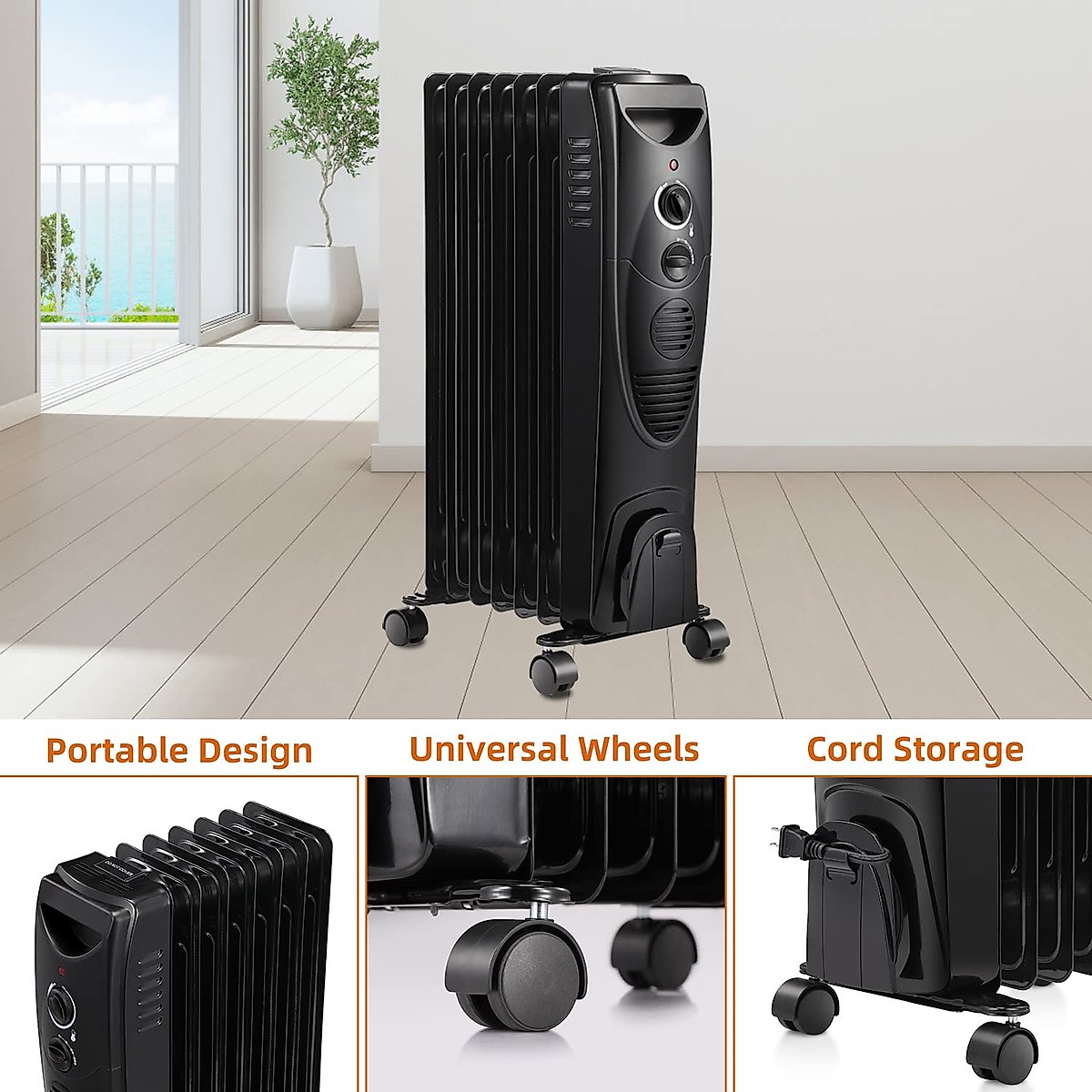 R.W.FLAME Oil Filled Radiator Heater - 3 Heat Settings, Adjustable Thermostat, Quiet and Portable Space Heater with Tip-over & Overheating Functions (27", Black)