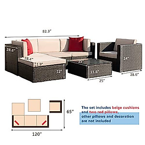Flamaker 6 Pieces Patio Furniture Set Outdoor Sectional Sofa Outdoor Furniture Set Patio Sofa Set Conversation Set with Cushion and Table (Beige)