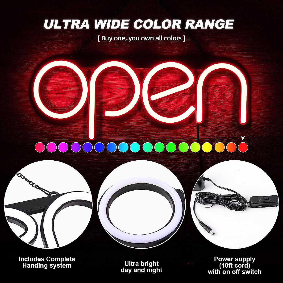 TZEXTZE Open LED Signs for Business,RGB Color Changing Neon Open Sign, 16x6 inches Open Window Sign with Remote Control & 12V Power Adapter for Storefront/Business Window