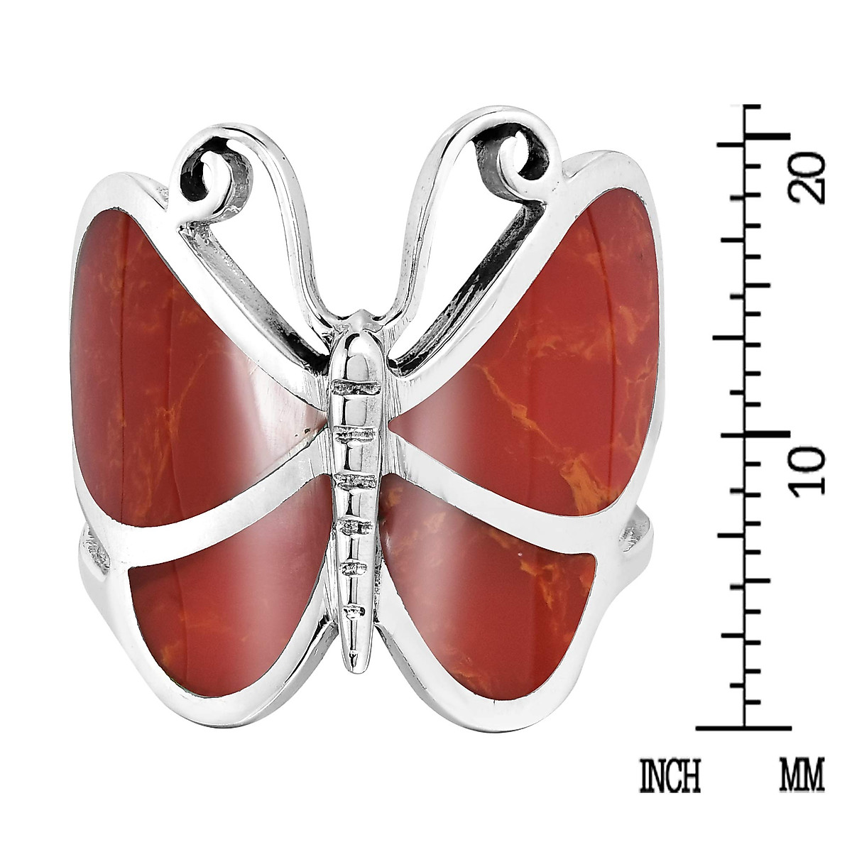 Awesome Reconstructed Red Coral Butterfly .925 Sterling Silver Ring (8)