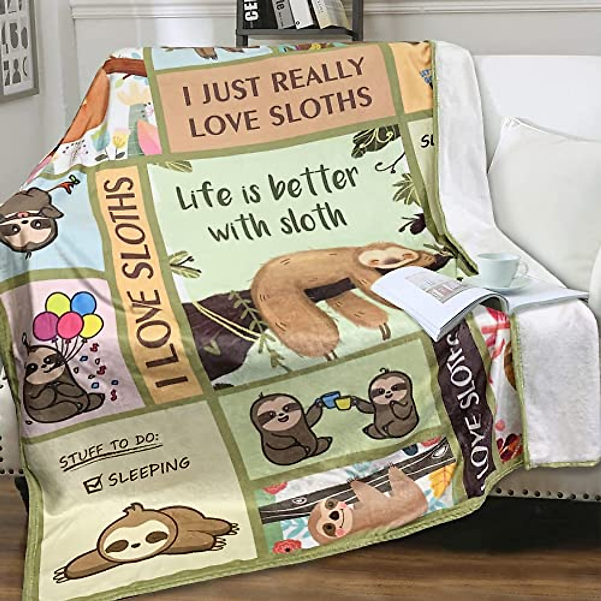Sloth Blanket Flannel Throw Gift for Chid Teenager Adults for All Seasons Super Soft Snuggle Breathable Cute Bed Sofa Couch Foldable Unisex 100x130 Brown 40x50