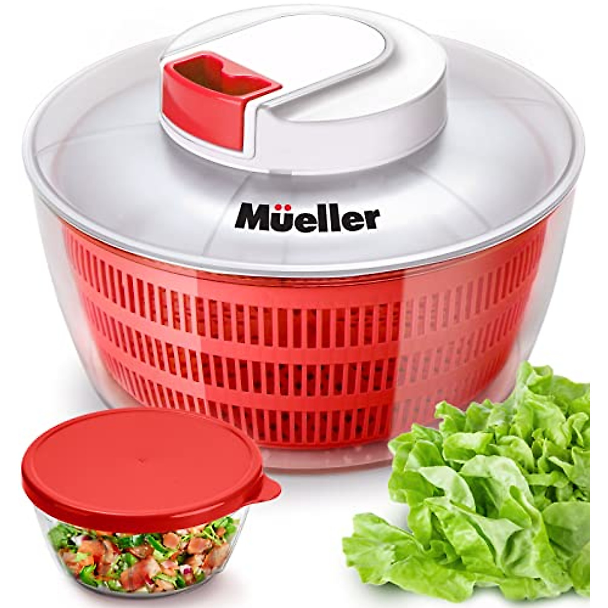 Mueller Salad Spinner with QuickChop Pull Chopper, Vegetable Washer with Bowl, Anti-Wobble Tech, Lockable Colander Basket and Lid with Pull Cord - Lettuce Washer and Dryer
