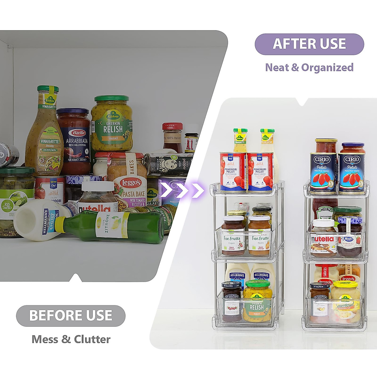 Guzon 2 Set, 3 Tier Pull Out Cabinet Organizer with Dividers, Clear Under Sink Organizer for Bathroom, Kitchen, Pantry, Countertop, Slide Out Medicine Cabinet Organizer