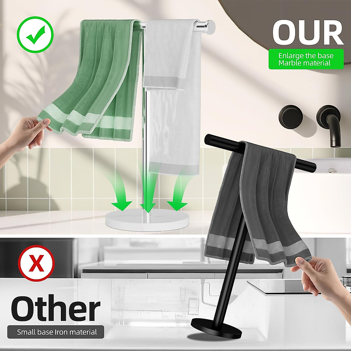 Blemoacha Towel Rack,T Shape Freestanding Towel Racks for Bathroom,Organizer Countertop Hand Towels Stand,Kitchen Vanity Marble Plinth,304 Stainless Steel Towels Bar Brushed Nickel