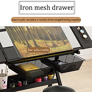 Drawing Table Drafting Desk, Glass Drafting Table Art with Stool, Height Adjustable Drawing Desk Art Table for Artists, Upgraded Tiltable Tabletop Art Craft Desk Painting Work Station for Reading Writ