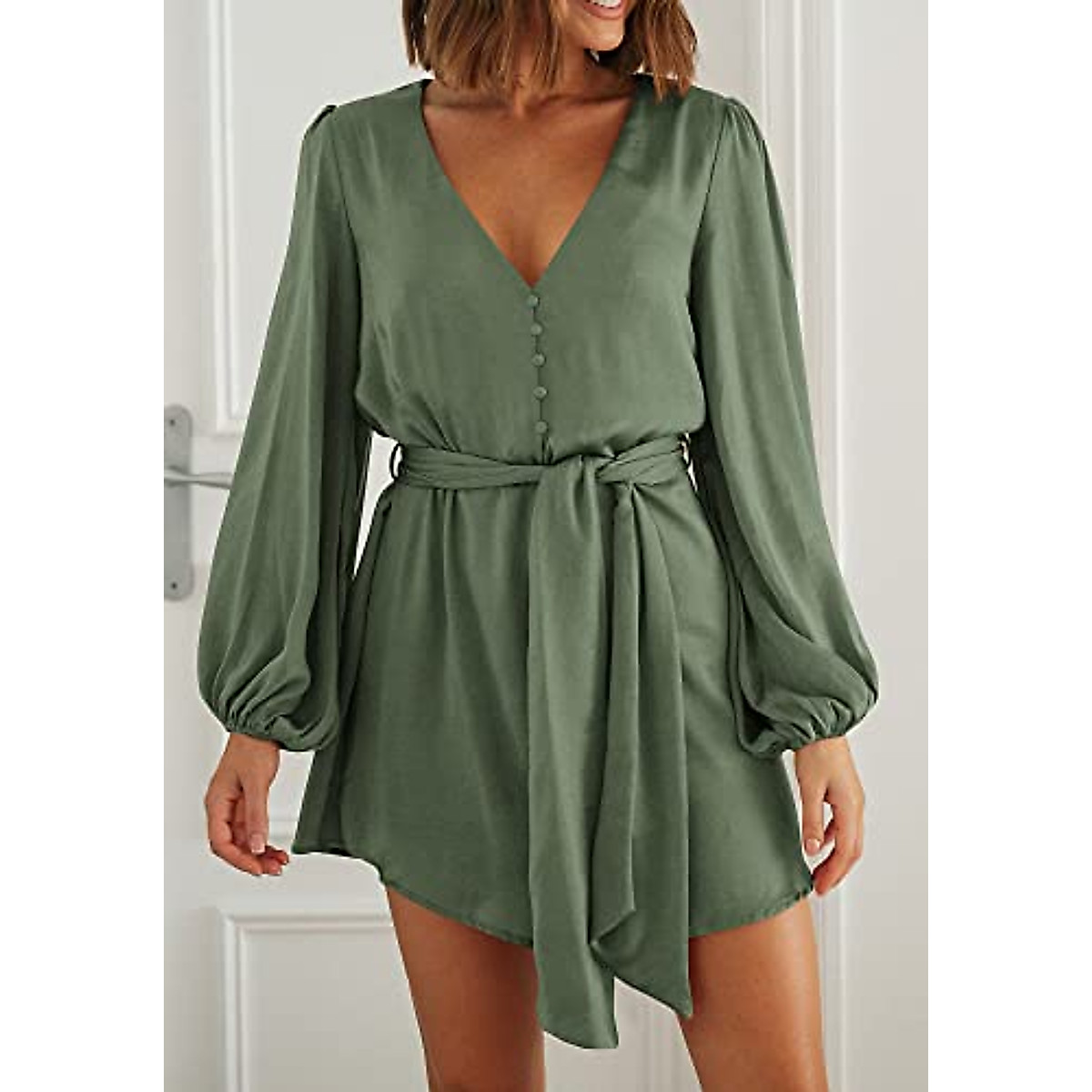 PRETTYGARDEN Women's Spring Long Puff Sleeve Satin Dress V Neck Cocktail Party Belted Short Formal Dresses (Army Green,Medium)