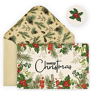 Artoid Mode 24 Pack Merry Christmas Thank You Cards Plant Holly Greeting Cards Gift With Envelope Sticker Blank Note Cards for Birthday Wedding Baby Shower Bridal Shower, 4 x 6 Inch