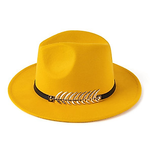 HUDANHUWEI Women's Wide Brim Fedora Panama Hat with Metal Belt Buckle W Yellow