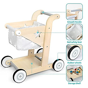 Asweets 2 in 1 Wooden Baby Walker Push and Pull Doll Stroller,Shopping Cart Learning Walker for Boys and Girls Sit Stand Learning Walker Toddler Toy