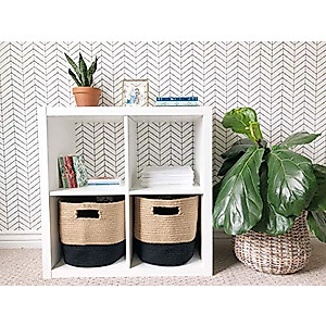 Chloe and Cotton Woven Cube Storage Baskets with Handles | Set of 2 | Cute Decorative Bins For Shelves, Bookcases, Cubbies, & Organizing Containers | Black & Tan