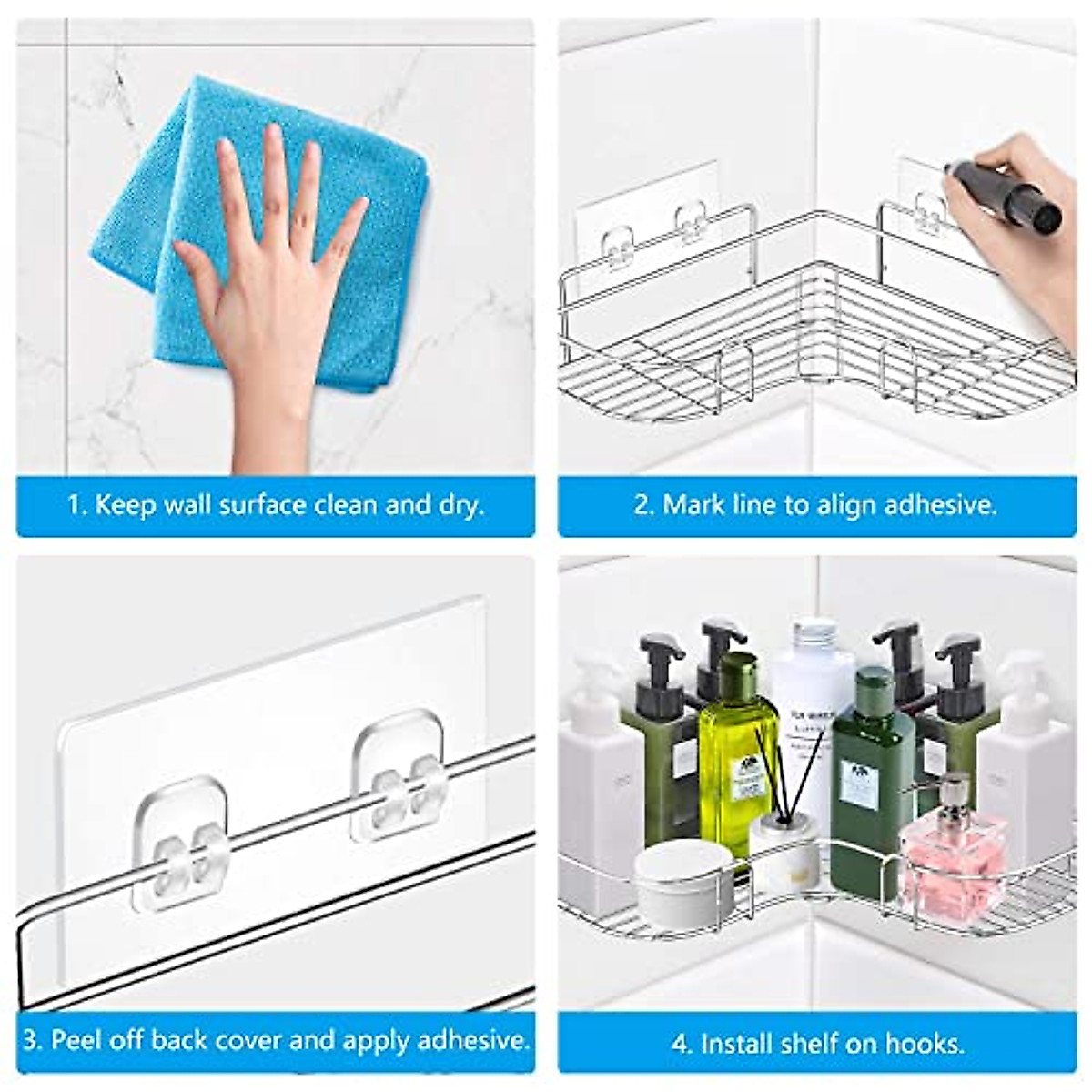 AUYYOSK Shower Caddy Corner,Adhesive Metal Bathroom Shelf Wall Mounted, Non-Drilling Floating Shelf for Bathroom Organizer/Shower Organizer/Kitchen (2 Pack Silver)