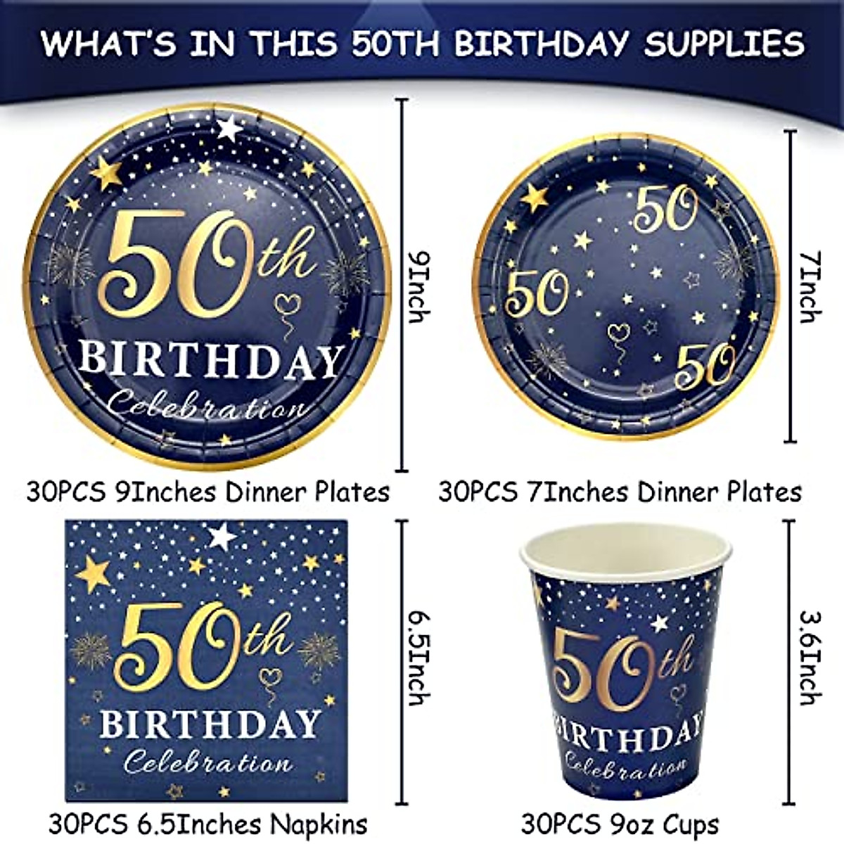 algpty 50th Birthday Decorations Plates and Napkins Blue and Gold, Service for 30, Birthday Party Bundle Includes Navy Blue Plates, Napkins, Cups 50th Birthday Supplies for Men Women