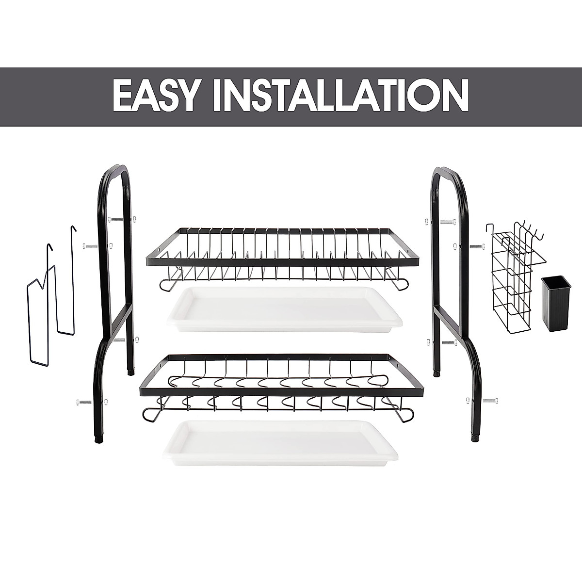 Supercenter Dish Drying Rack,2 Tier Dish Racks for Kitchen Counter with Drainboard,Rust-Resistant Drying Rack with Cutting Board Holder,Black