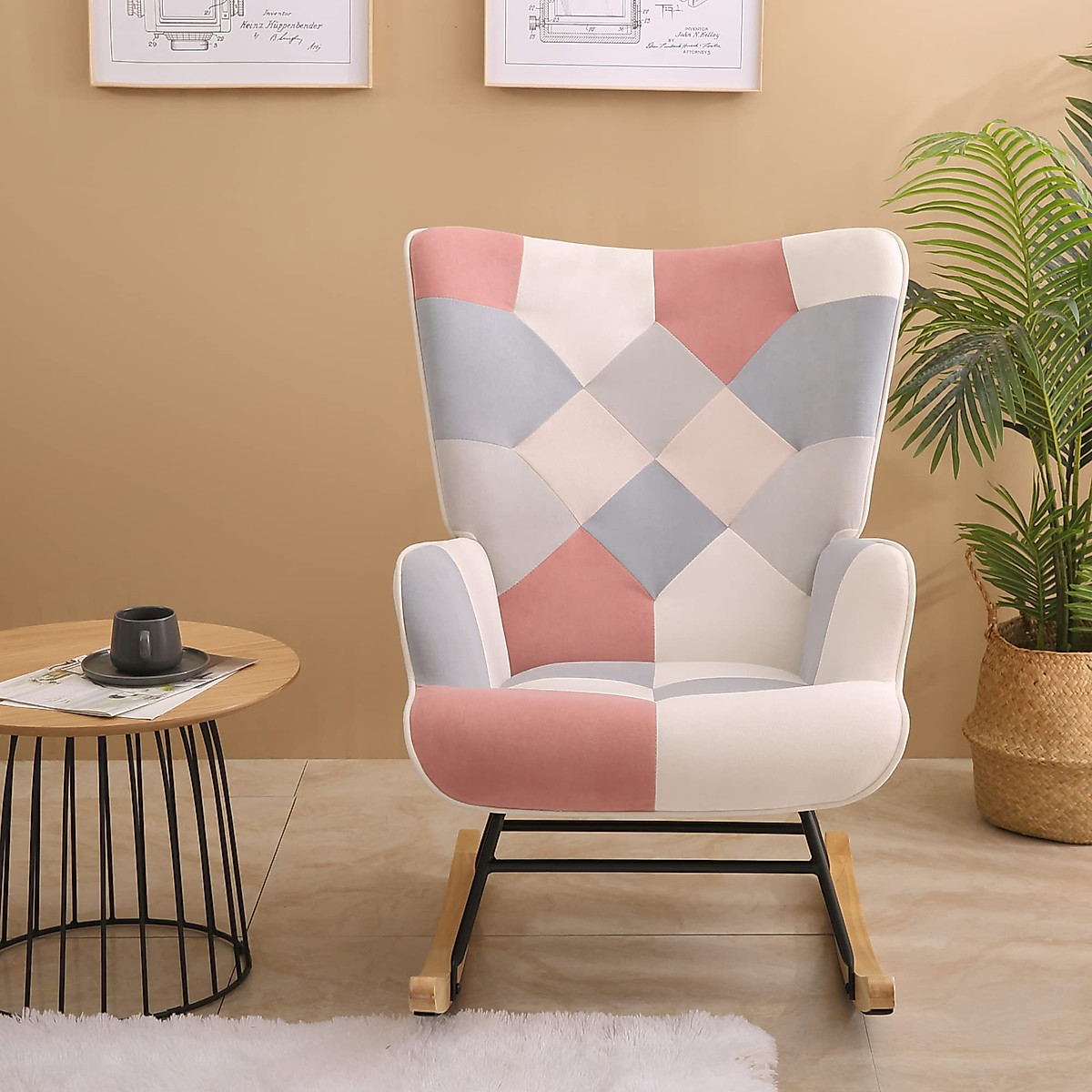KGOPK Accent Rocking Chair, Mid Century Fabric Rocker Recliner Chairs with Wood Legs and Patchwork Linen for Livingroom Bedroom, Pink