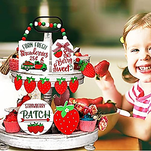 10 Pcs Summer Tiered Tray Decor Farmhouse Wood Tiered Tray Decor Lemon Watermelon Strawberry Sunflower Decor Kitchen Standing Sign Bead Garland Banner for Home Decor(Strawberry Theme)