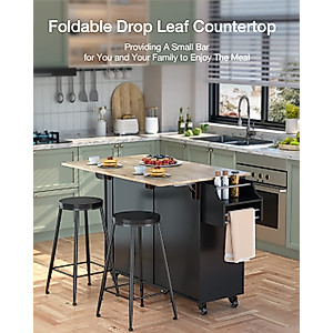 Qsun Kitchen Island with Storage, Kitchen Cart on 5 Universal Wheels, Mobile Kitchen Island with Rubber Wood Top and Side Rack (Black)