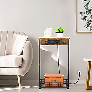 ABQ End Table with Charging Station & USB Ports, C Shaped TV Tray Table with Storage Shelf, Narrow Side Table for Laptop, Sofa, Living Room, Bedroom