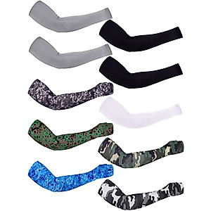 Boao 10 Pairs UV Sun Protection Arm Sleeves Cooling Anti Slip Tattoo Cover Sleeves with Thumb Holes for Men Women (Black, Gray, White and Camo Series Color)