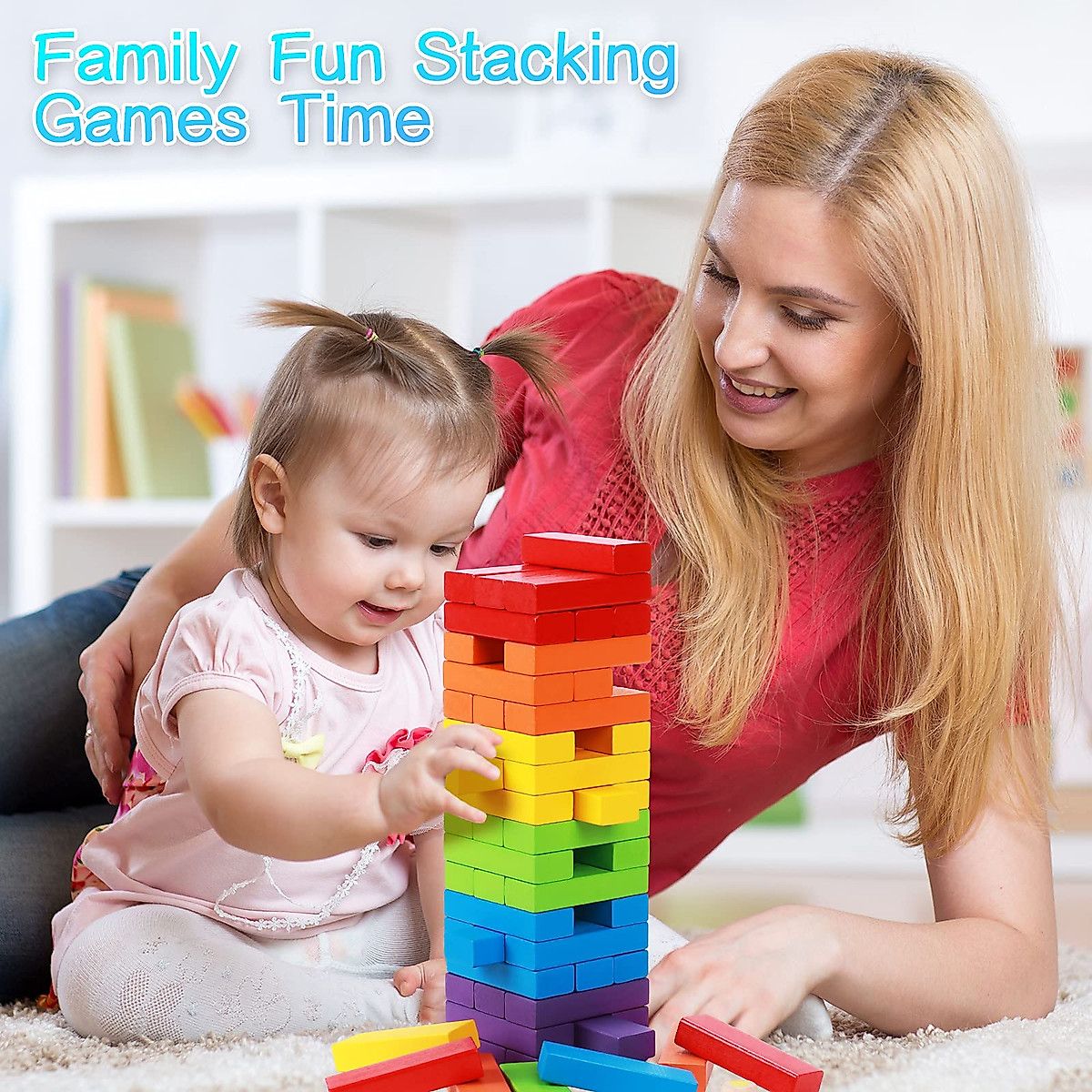 Tacobear Colorful Wooden Stacking Board Games Building Blocks for Kids Boys Girls Ages 3 4 5 6 7 8 with 54 Pieces