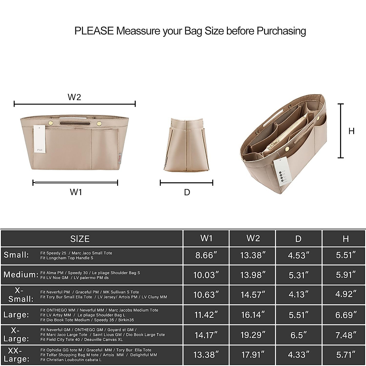 ZTUJO Purse Organizer Insert For Handbags, Silky Bag Organizer With 2 Zippers For Speedy Neverful Tote and More (Beige, Large)