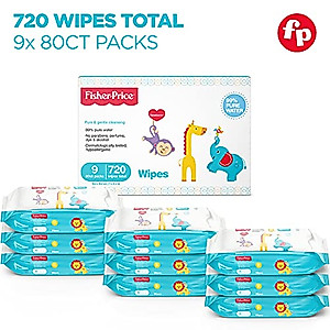 Fisher-Price Baby Wipes Unscented, Hypoallergenic, 99% Water Baby Diaper Wipes, Ideal for Newborn and Sensitive Skin, 9x Resealable Packs (720 Total Wipes)