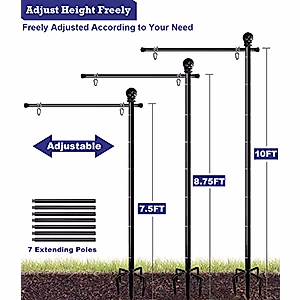 Balie Space 10FT Tall Freestanding Flag Pole for 3x5 Feet American Flag, Adjustable Garden Flagpole Stand with 5 Spikes Base for Outdoor Yard, 10 Feet