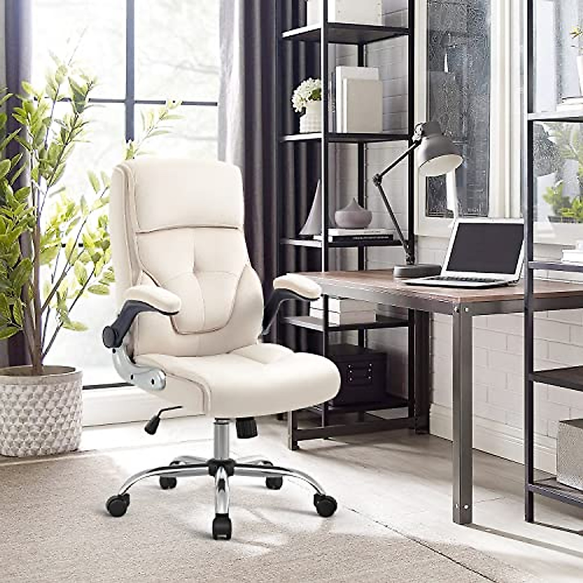 YAMASORO Ergonomic Executive Office Chair with Lumbar Support,Velvet Fabric Home Office Desk Chairs with Wheels, High Back Computer Chairs,Beige