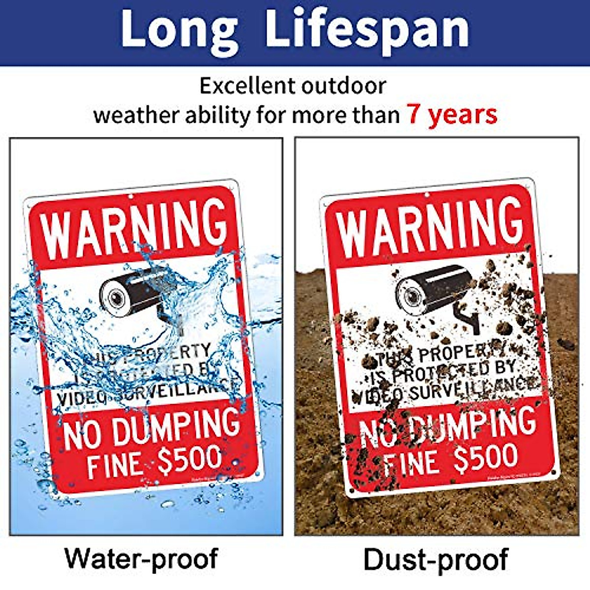 Warning No Dumping Fine $500 Sign, This Property Is Protected By Video Surveillance Sign, 14 x 10 Inches .040 Rust-Free Aluminum, UV Protected, Weather Resistant, Durable Ink, Easy to Mount (2 Pack)