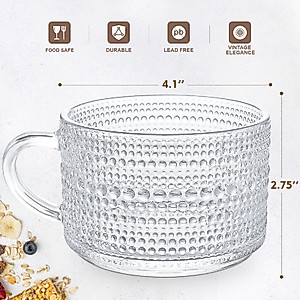 2pcs Vintage Coffee Mugs, 15Oz Overnight Oats Containers with Bamboo Lids and Spoons Clear Embossed Glass Coffee Cups,Gifts Ideal for Yogurt, Cappuccino, Tea, Latte