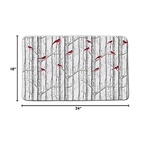 Tree Cardinals Bath Mat Abstract Birch Tree Forest Red Bird on Branches Leafless White Gray Fall Nature Winter Holiday Merry Christmas Bathroom Decor Memory Foam Kitchen Rug,16x24 Inch