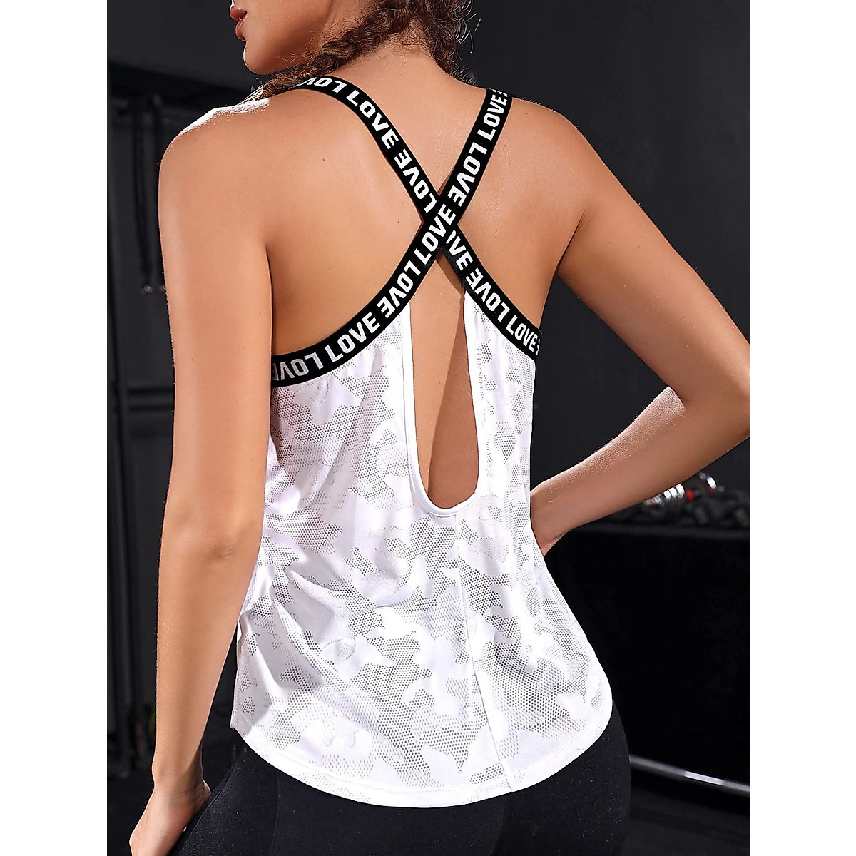 SweatyRocks Women's Activewear Letter Print Criss Cross Backless Tank Top Workout Out Sports Shirt White L