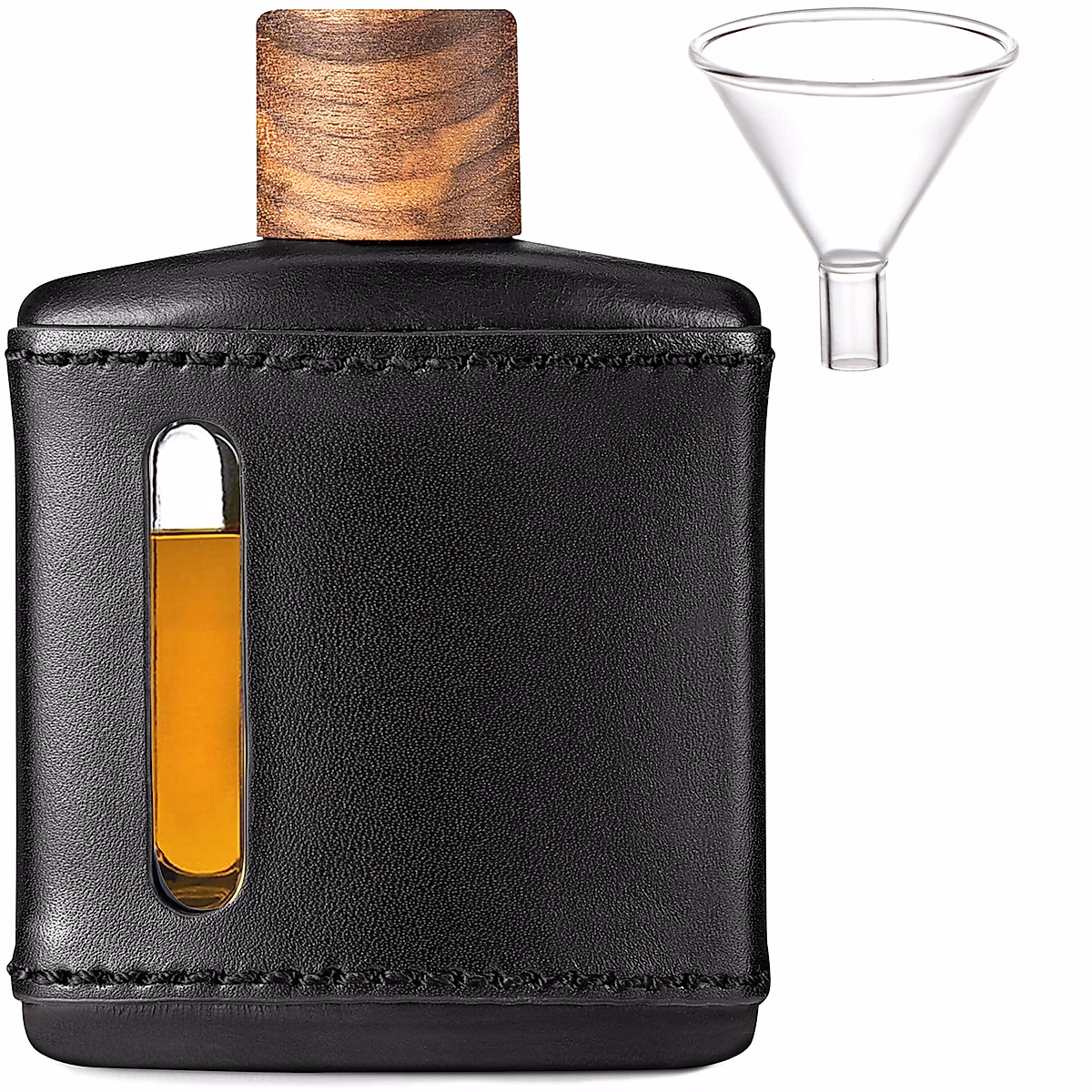 Garybank Handmade Genuine Leather Hip Flasks for Liquor for Men, Glass Whiskey Flask with Funnel & Wood Lids Leakproof for Hennessy Liquor & Spirits, Premium Whiskey Set Gifts Idea (Black, 200ml)