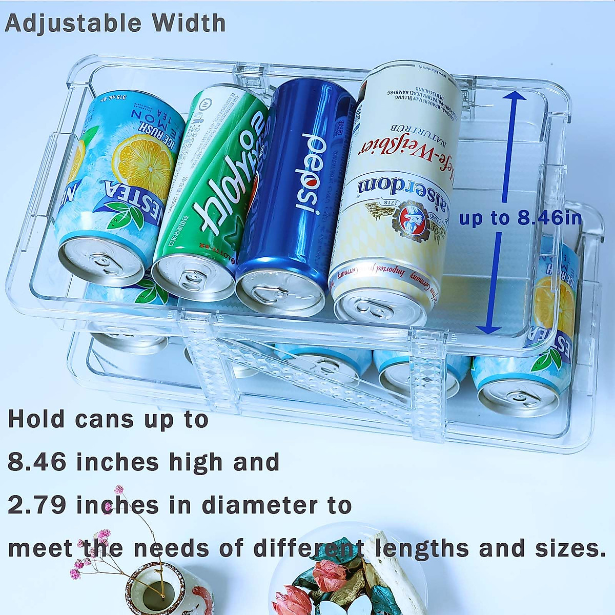 Kiencyluky 2 Pack Soda Can Dispenser for Refrigerator,Adjustable Width Soda Can Organizer,Stackable Drink Organizer for Fridge,Pantry,Cabinet,Soda Holder for Refrigerator