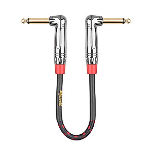 Clef Audio Labs Guitar Patch Cable, 6 inch - 1/4 inch TS Right Angled Guitar Pedal Effects Instrument Cord, 22AWG, Chrome Zinc Alloy Shell, Red Braided Jacket - 6-Pack