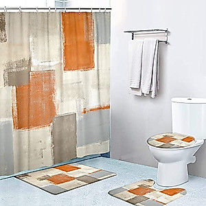 LOKMU 4 Pcs Shower Curtain Sets with Non-Slip Rugs, Toilet Lid Cover and Bath Mat,Gray Beige and Orange Abstract Brown White Waterproof Shower Curtain with 12 Hooks, Bathroom Decor Sets, 72" x 72"