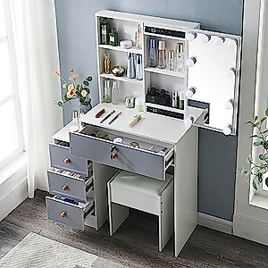 YAMISSI Dressing Table Dresser Desk with Lights, Multifunctional Vanity Table Makeup Desk Set with 3 Drawers, Large Sliding Mirror and Soft Cushioned Stool for Girls and Women.