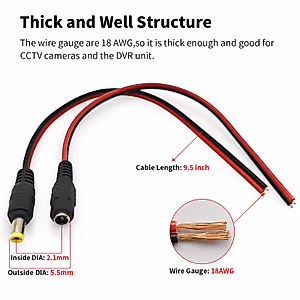 18AWG DC Power Cable, 6 Pairs DC Power Pigtail Cable Wire, 12V 5A Male & Female Connectors, Suitable for CCTV Security Cameras and Lighting Power Adapters(5.5mm x 2.1mm, 6 Pairs)