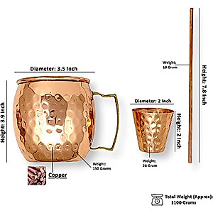 Hashcart® Moscow Mule Kit Moscow Mule Mugs Copper Mule Mugs Set of 2 Moscow Mule Cups Hand Hammered with 1 Shot Glass, 2 Cocktail Straws & Gift Box (16 oz)