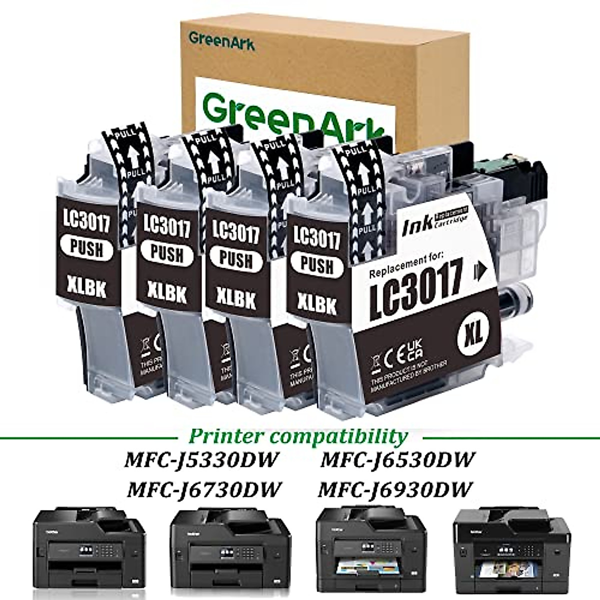 GREENARK Compatible Ink Cartridge Replacement for Brother LC3017BK High Yield Black Work for Brother MFC-J6930DW MFC-J5330DW MFC-J6530DW MFC-J6730DW Printers, 4 Pack LC3017XL Black Ink Cartridges