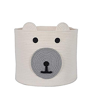 InfiBay Cotton Rope Storage Basket with Cute Bear Design, Woven Laundry Basket with Handles, Baby Nursery Organizer for Toys, Blanket, Clothes, Towels, 12”(D) x 11”(H)